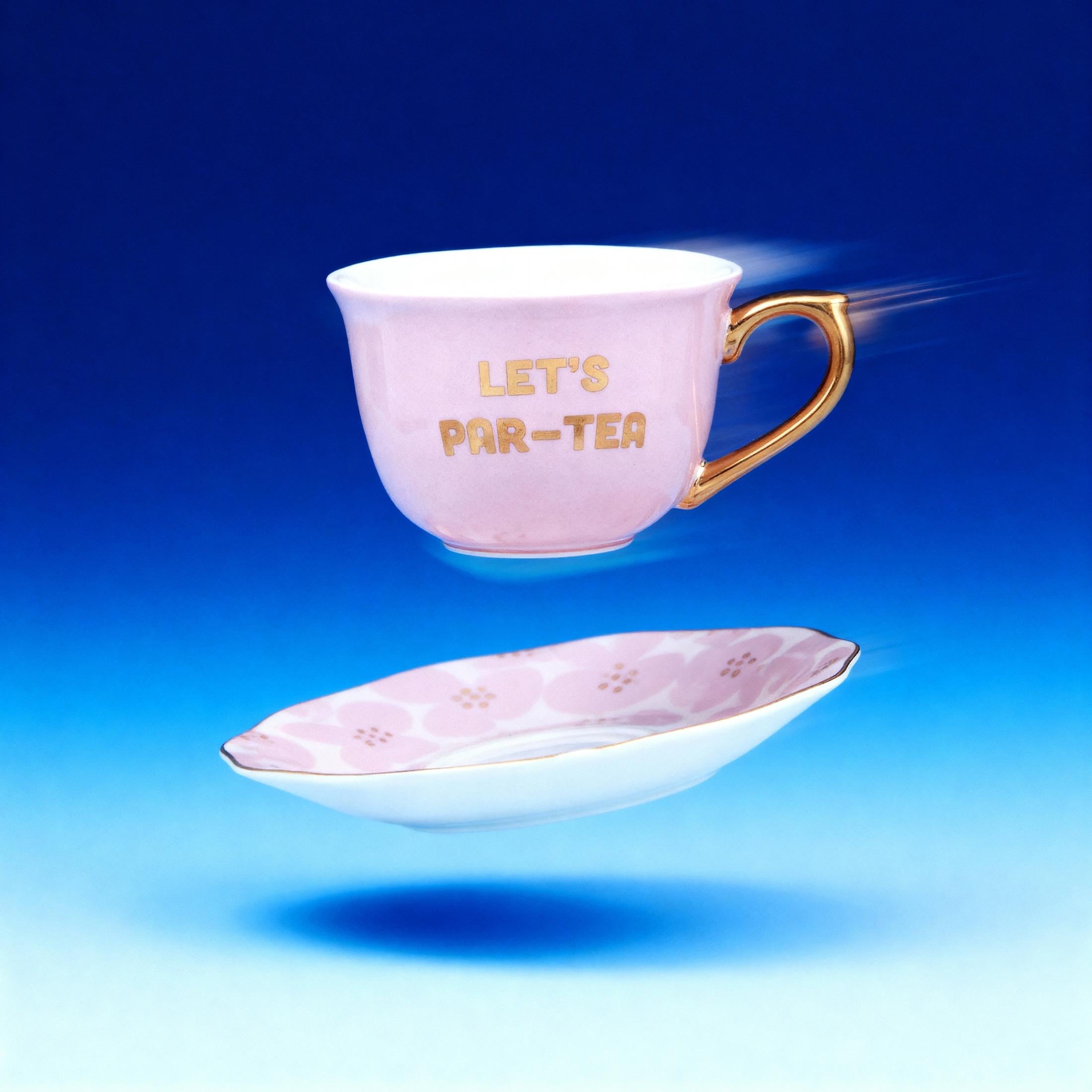 Let's Par-tea Tea Cup and Saucer Set in Pink, Gold and Floral – The ...