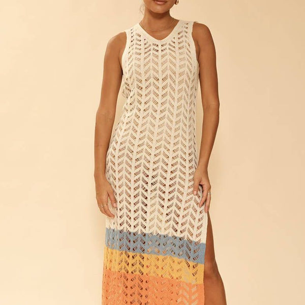 [Size XL Remaining] Cream Open Knit Color Block Cover Up | Long Swimsu ...