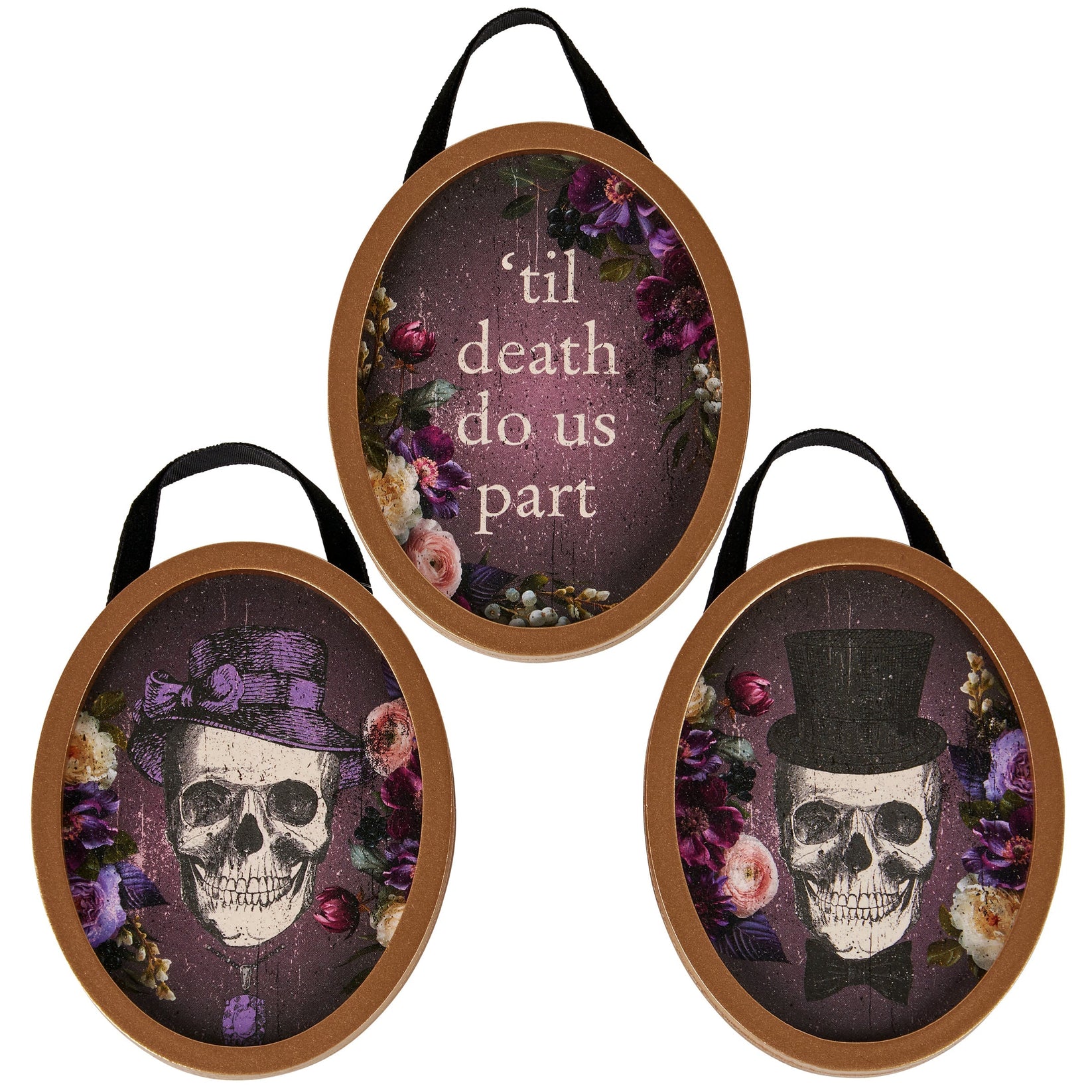 'Til Death Do Us Part Skull Ornament Set | 3 Piece Oval Framed Wooden ...